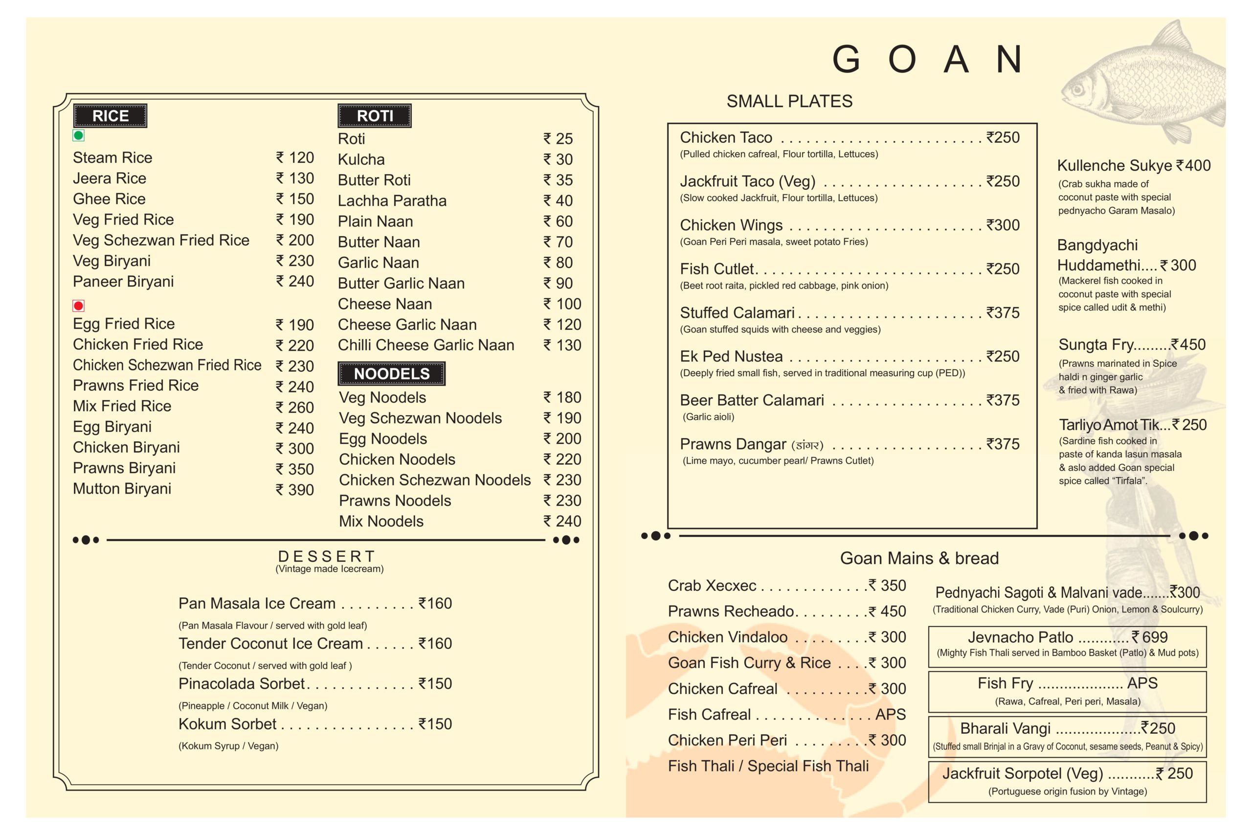 Menu - Vintage Restaurant Goa
