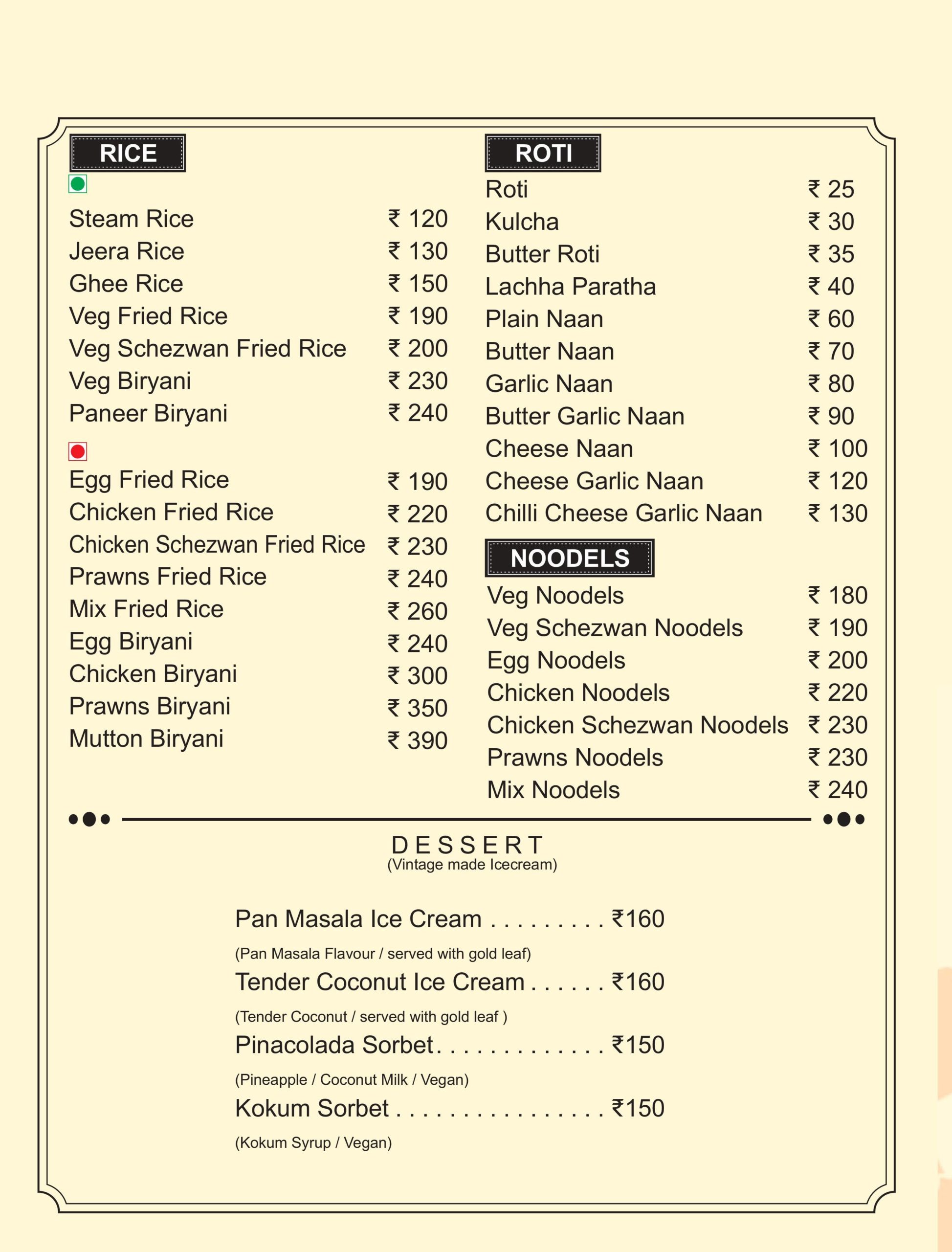 Menu - Vintage Restaurant Goa